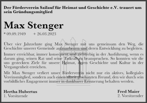 26.03.2023: Max Stenger verstorben. | Förderverein Sailauf